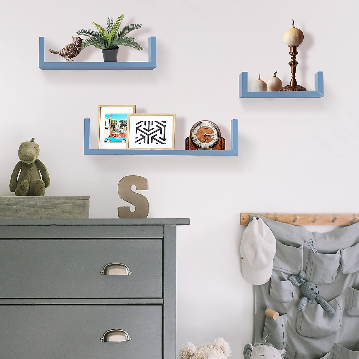 AJP Distributors Blue Wall Mounted Shelf U-Shaped Floating Shelves Home Decoration Book DVD Storage Display Unit MDF Laminate Solid Wood Set of 3 Sizes For Bathroom Bedroom Living Room Kitchen Office