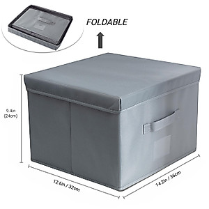 Augfox 2 Pack Collapsible Storage Bins with Lids - Stackable Storage Bins with Handles, Efficient Memory Box, Fabric Storage Bins with Lid for Versatile Storage (Dark Grey, 14.2” L x 13" W x 9.4" H)