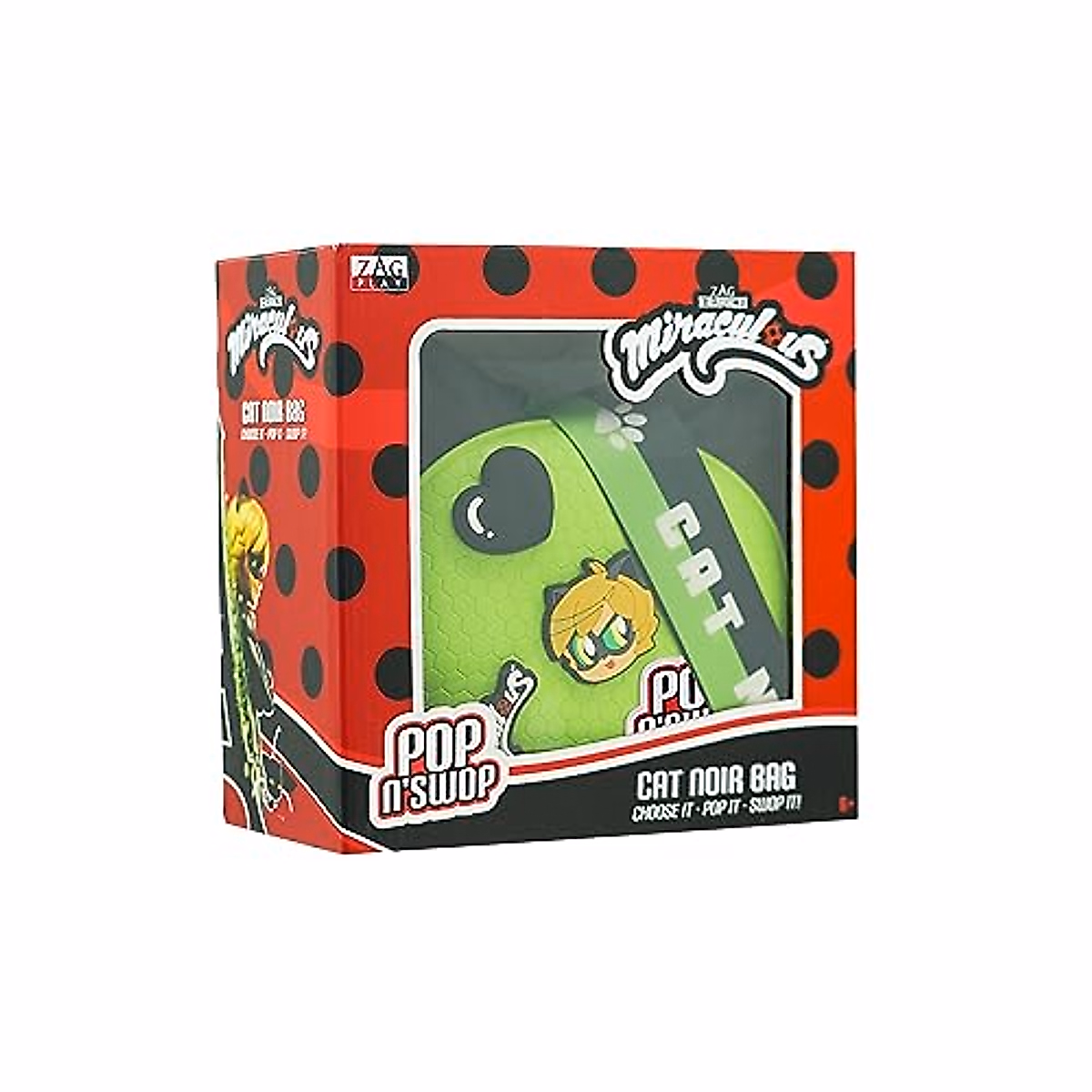 Miraculous Ladybug - Pop n' Swop Cat Noir Green Crossbody Bag with 4 Clip-on Badges, Cat Paw Zipper, Adjustable and Detachable Strap, Removable Ears, Lightweight Durable Waterproof Purse (Wyncor)