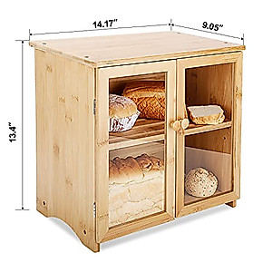 Leopard Bamboo Bread Box for Kitchen Countertop, 2 Layers Bread Boxes with Clear Window for Kitchen Food Storage, Large Bread Storage Bin with Cutting Board - Natural Bamboo