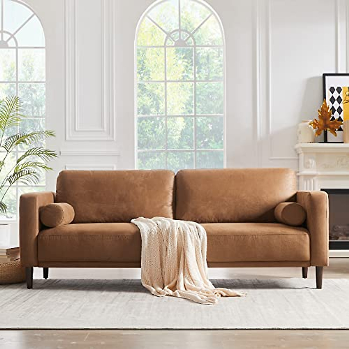 HIFIT Sofa Couches, 79” Mid-Century Modern Couch, Breathable Faux Leather Couch with Upholstered Cushions/Pillows, 3-Seat Sofas & Couches, for Living Room Apartment Office,Brown