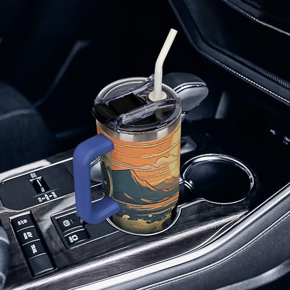 LLUTSNTH 40 Oz Vacuum Tumbler with Deep Blue Handle Leakproof Insulated Tumbler Anime Style Cat Stainless Steel Travel Mug with Lid And Straw Coffee Cup Cute Water Bottles Cup Holder Friendly