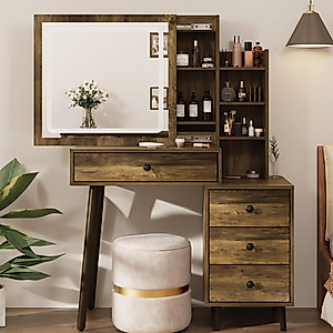 Sunvivi Vanity Desk with Sliding Mirror and LED Lights, 2 in 1 Wooden Makeup Vanity Desk for Nightstand and Dressing Table, Compact Medium Makeup Table with Sliding Mirror for More Storage Space