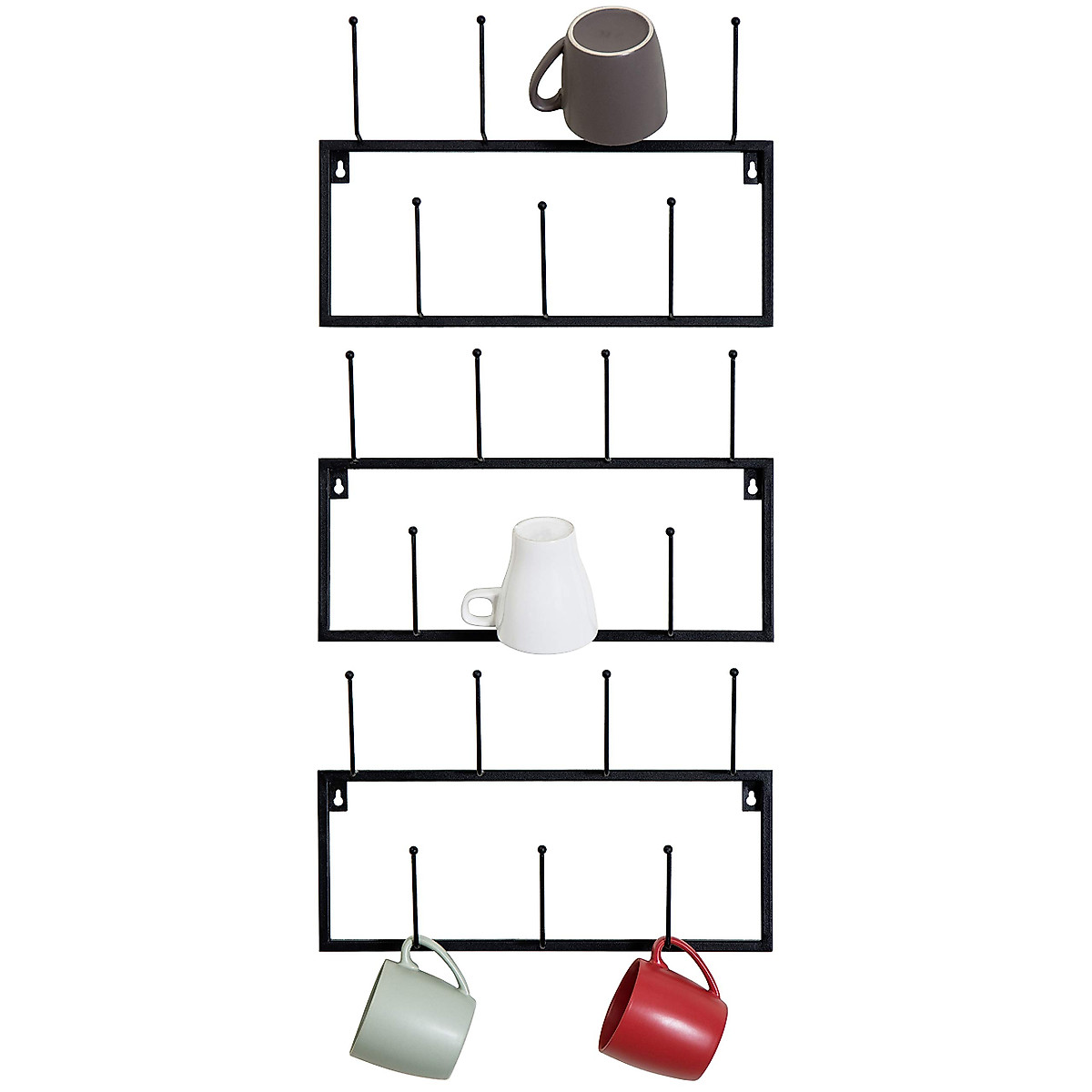 MyGift Black Metal Coffee Mug Rack Wall Mounted Hanging Storage Coffee Bar Accessories Rack with 21 Hooks, Set of 3