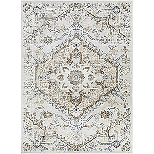 Mudgee Persian Oriental 7'9" x 9'6" Living Room Bedroom Boho Large Area Rug - Bohemian Farmhouse Indoor Carpet - Vintage Distressed Medallion Motif - Soft & Neutral - Tan, Brown, Cream, Beige