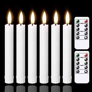 Yeelida Battery Operated Flameless Taper Candles with Two Remote Timer,6.4” LED 3D-Wick Window Candles,Flickering Long-Lasting Warm Light Electric Pack of 6 Flameless Candlesticks(0.78” Dia,White)