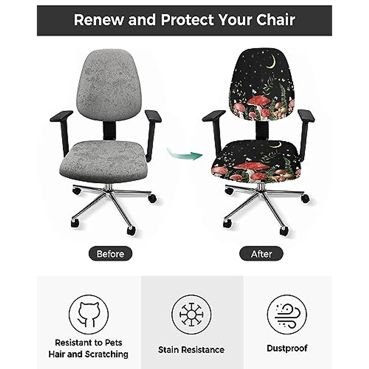 Big buy store Office Chair Cover Mushroom Flowers Butterfly Desk Chair Cover Stretch Elastic Universal Computer Chair Covers Green Leaves Stars Moon Stretch Rotating Chair Slipcovers Protectors