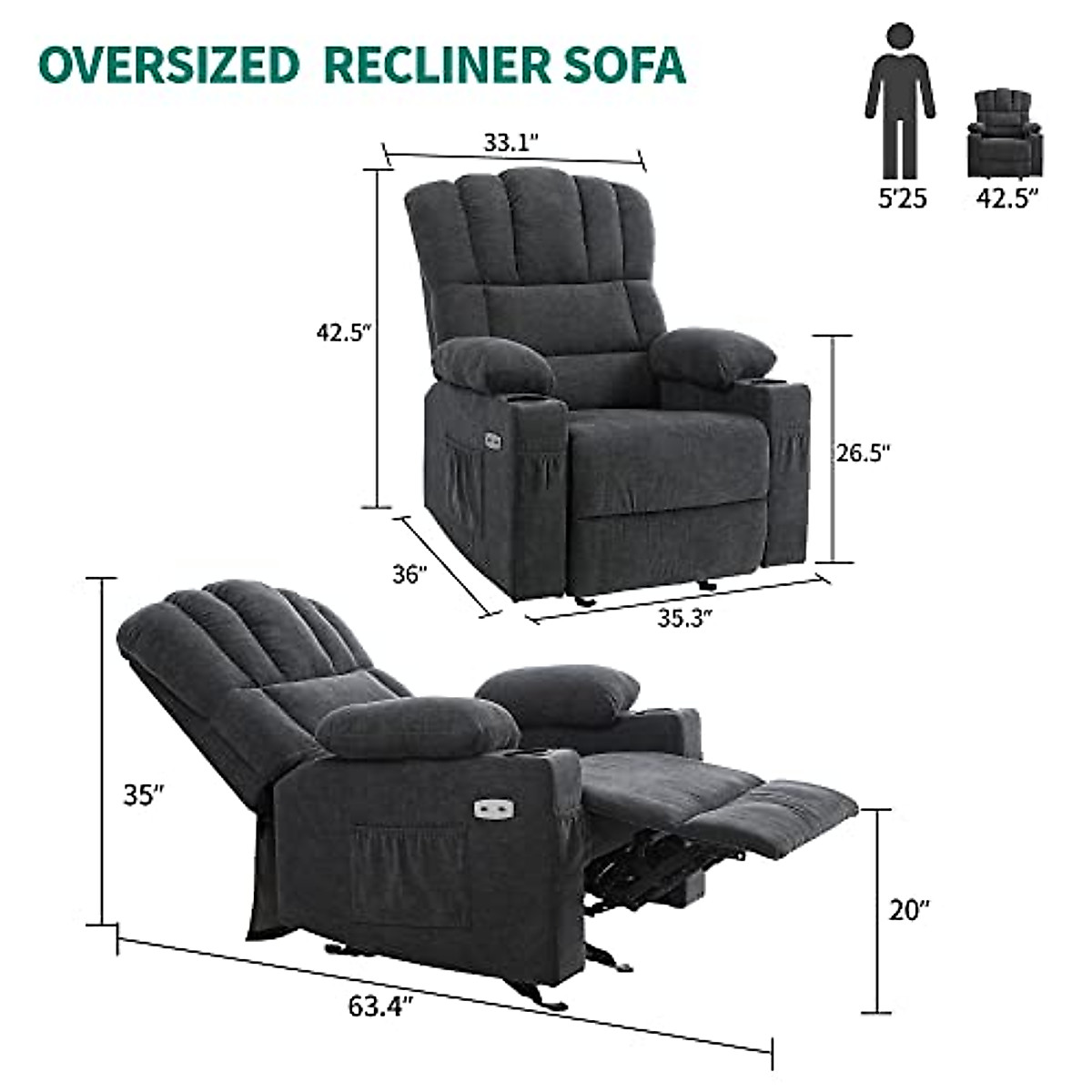 YITAHOME Glider Rocker Recliner Chair with Massage and Heat, Fabric Recliner Chair, Manual Rocking Recliner Chair with 2 Cup Holders, USB Charge Port and Side Pocket,Grey