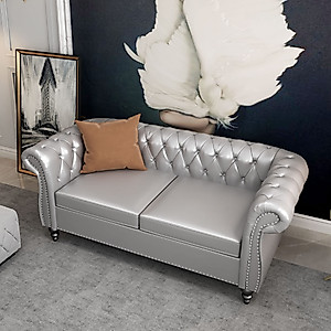QHITTY Accent Sofa, Chesterfield Loveseat Modern Leather Couch Upholstered Sofa with Tufted Back for Living Room Furniture (Grey)