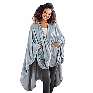 Berkshire Blanket Primalush™ Wearable Blanket, Cozy Loungewear Pocketed Plush Cape Wrap for Adults & Teens(Hazy Sky Blue, One Size 58"X64")