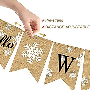 Jute Burlap Hello Winter Banner Snowflake Christmas Holiday Mantel Fireplace Bunting Garland Decoration
