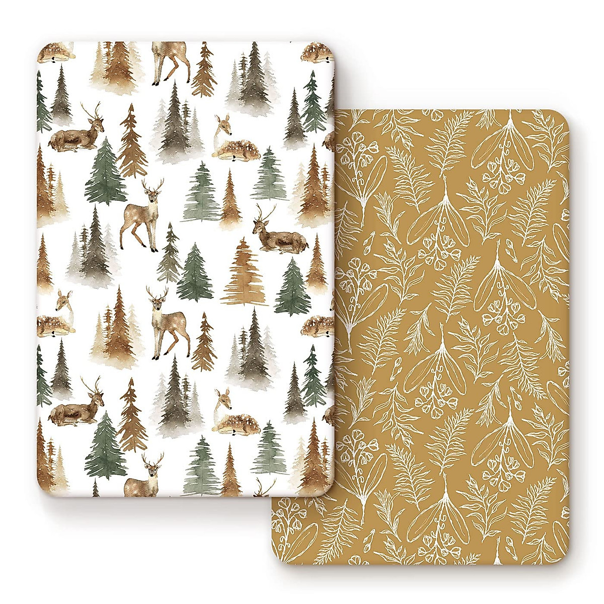 Stretchy Ultra Soft Jersey Knit Fitted Pack n Play Sheets Set 2 Pack, Portable/Mini Crib Sheets with Deep Pocket, Fitted Playard Mattress Safe and Snug, Stylish Watercolor Deer and Leaves