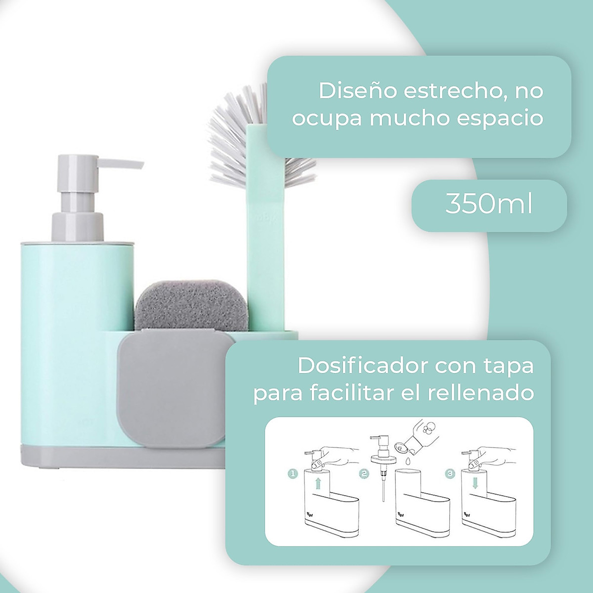 Vigar Rengo Monobloc 4-piece Sink Caddy Set, Includes Scrub Brush, Two-sided Sponge, Soap Dispenser and Scraper, Turquoise