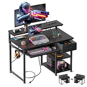 AODK Small Computer Desk with Keyboard Tray, 40 Inch Gaming Desk with Power Outlet, Office Desk with Drawer, Reversible Desk with Adjustable Monitor Shelf and Storage Shelf for Home Office, Black