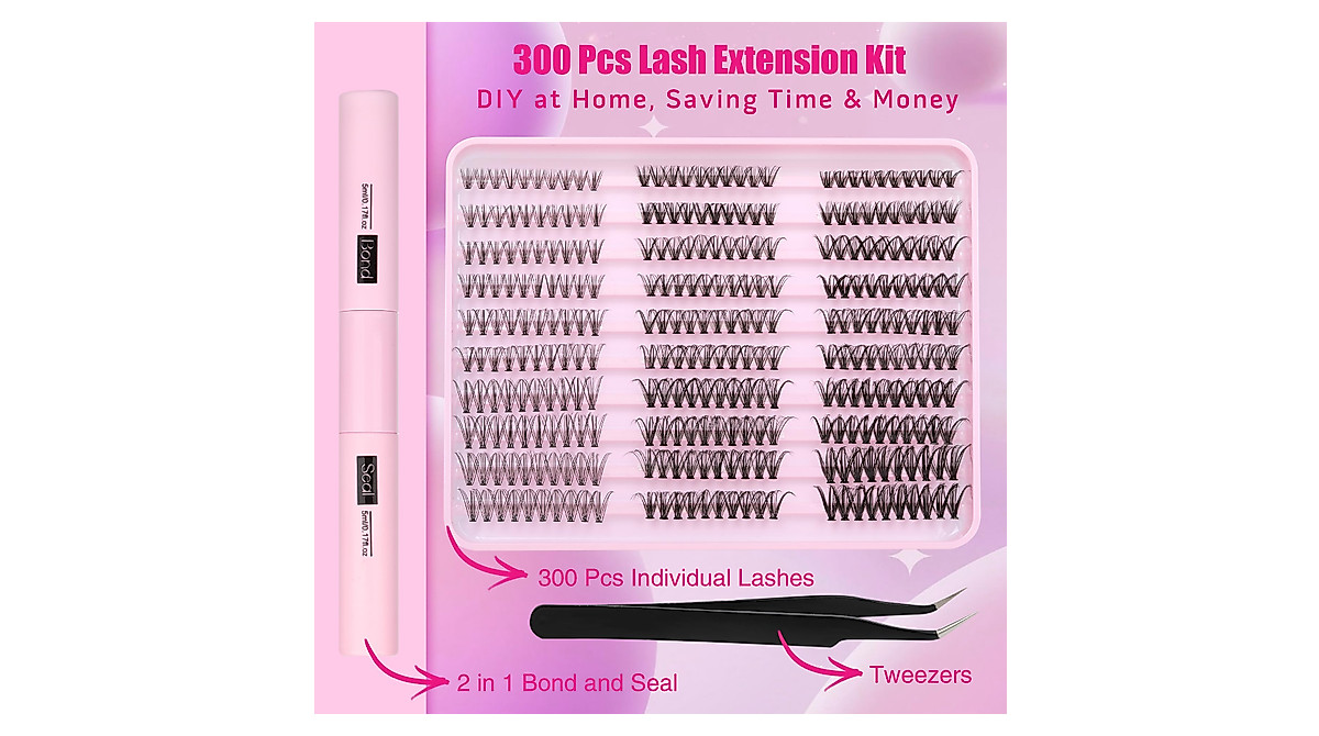 Eyelash Extensions Kit with 300 Pcs Clusters | DIY Lash Set 20D-40D