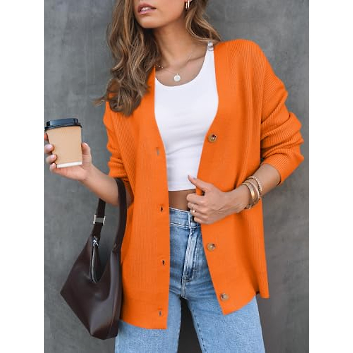 LILLUSORY Women Oversized Cardigan Sweater Fall Outfits Cloth Fashion V Neck Knit Button Front Casual Trendy Tops Orange Medium