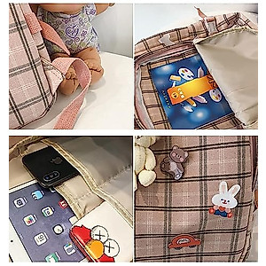 JHTPSLR Light Academia Aesthetic Backpack with Pins and Plushies Cute Plaid Preppy Backpack with Accessories Book Bags Supplies (Gray)