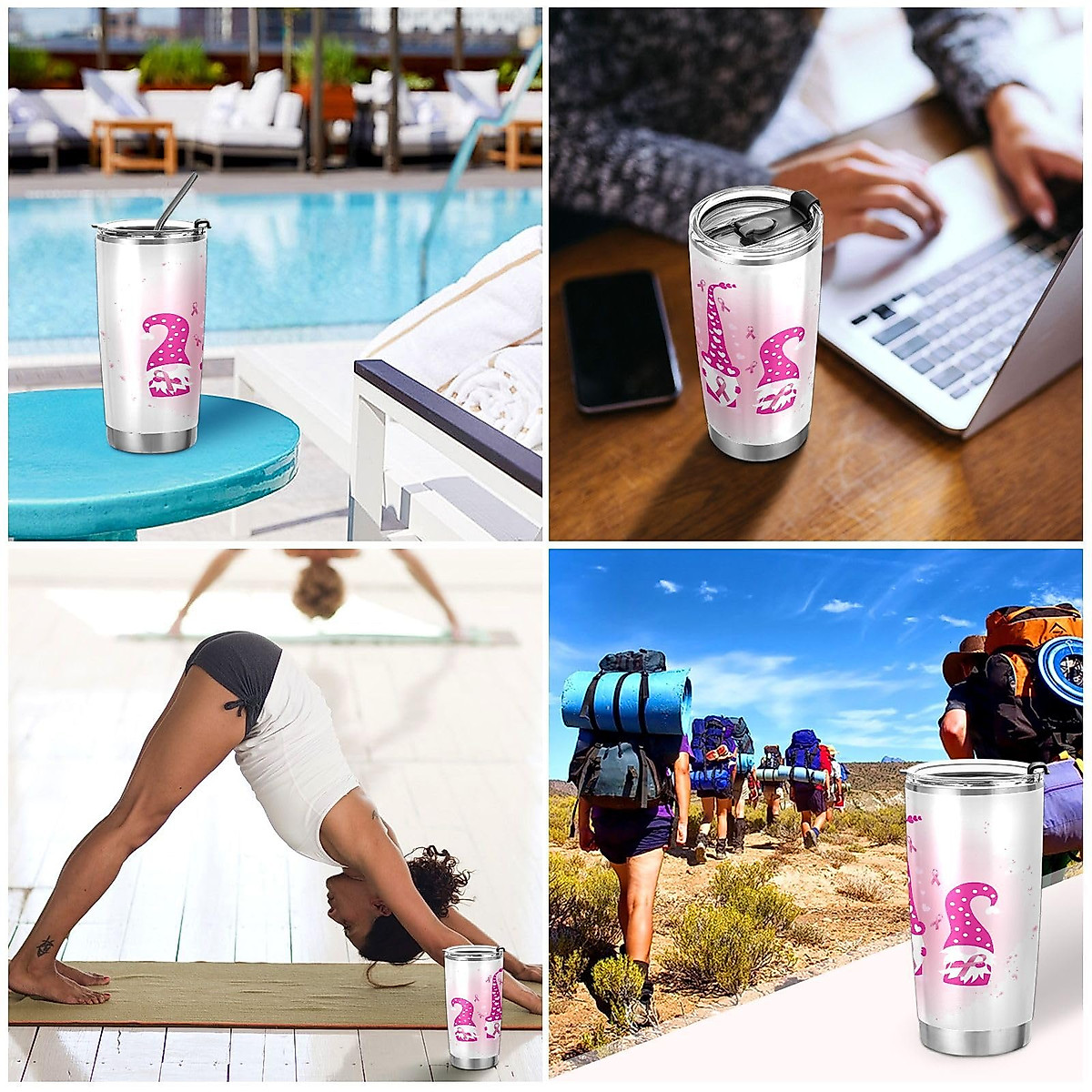 Jihqo Pink Cute Gnomes Tumbler with Lid and Straw, Insulated Stainless Steel Tumbler Cup, Double Walled Travel Coffee Mug Thermal Vacuum Cups for Hot & Cold Drinks 20oz