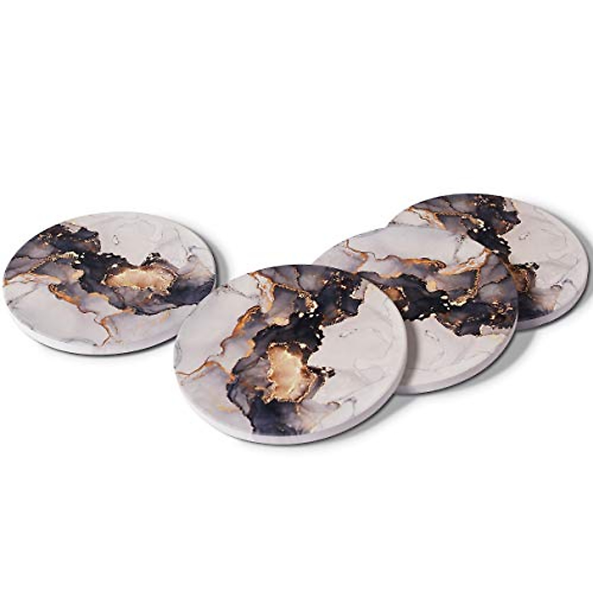 RoomTalks Black and Gold Marble Coasters for Drinks Absorbent 4 PCS Abstract Cool Alcohol Ink Ceramic Coaster Set Cork Back Modern Art Cup Coasters for Wooden/Coffee Table (Black, 4 Pieces)