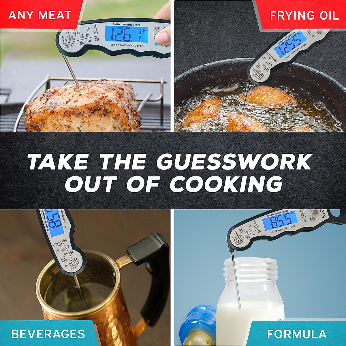 KIZEN Digital Meat Thermometer with Probe - Waterproof, Kitchen Instant Read Food Thermometer for Cooking, Baking, Liquids, Candy, Grilling BBQ & Air Fryer - Black/White