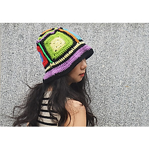 Women-Crochet-Hat-Knitted Floral Bucket-Hat-Handmade Plaid Fisherman-Hat-for-Women Fall-Spring-Winter-Summer Blue