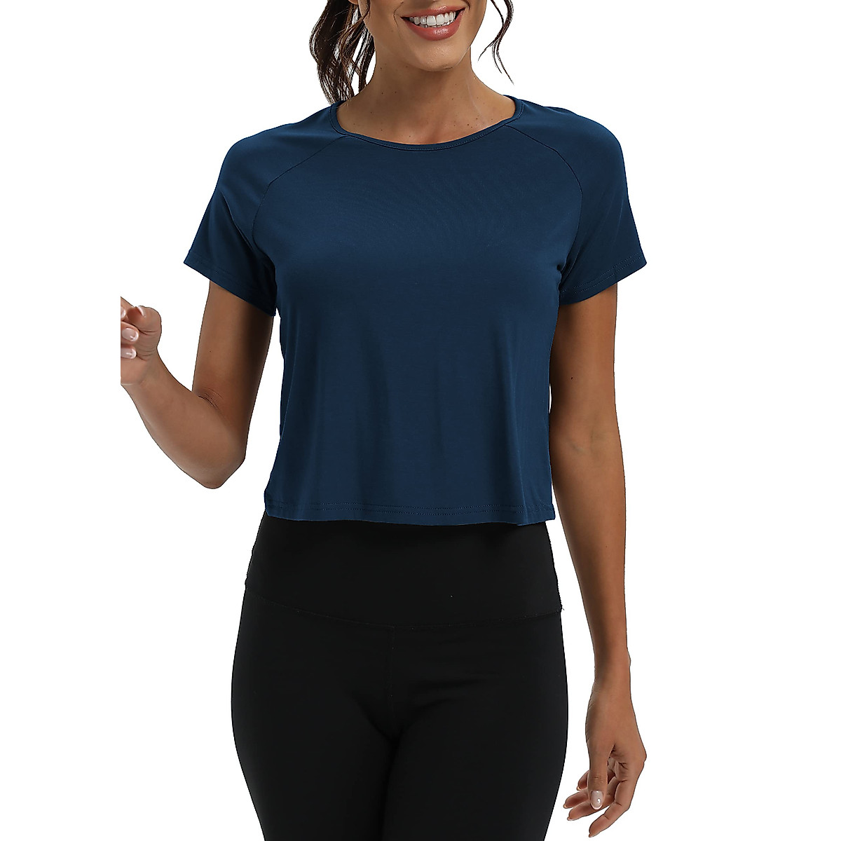 Mippo Short Sleeve Workout Tops Athletic Shirts Gym Clothes Exercise Tees Sports Running Active Wear Cute Work Out Crop Top TShirts for Women Loose Fit Navy Blue L