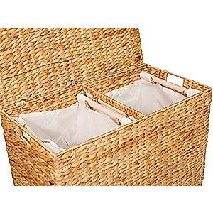 BirdRock Home Water Hyacinth Laundry Hamper Divided Interior (Natural) - Eco Friendly - Made of Hand Woven Hyacinth Fibers - Includes Two Removable Cotton Liners Bag - Wicker Laundry Basket with Lid