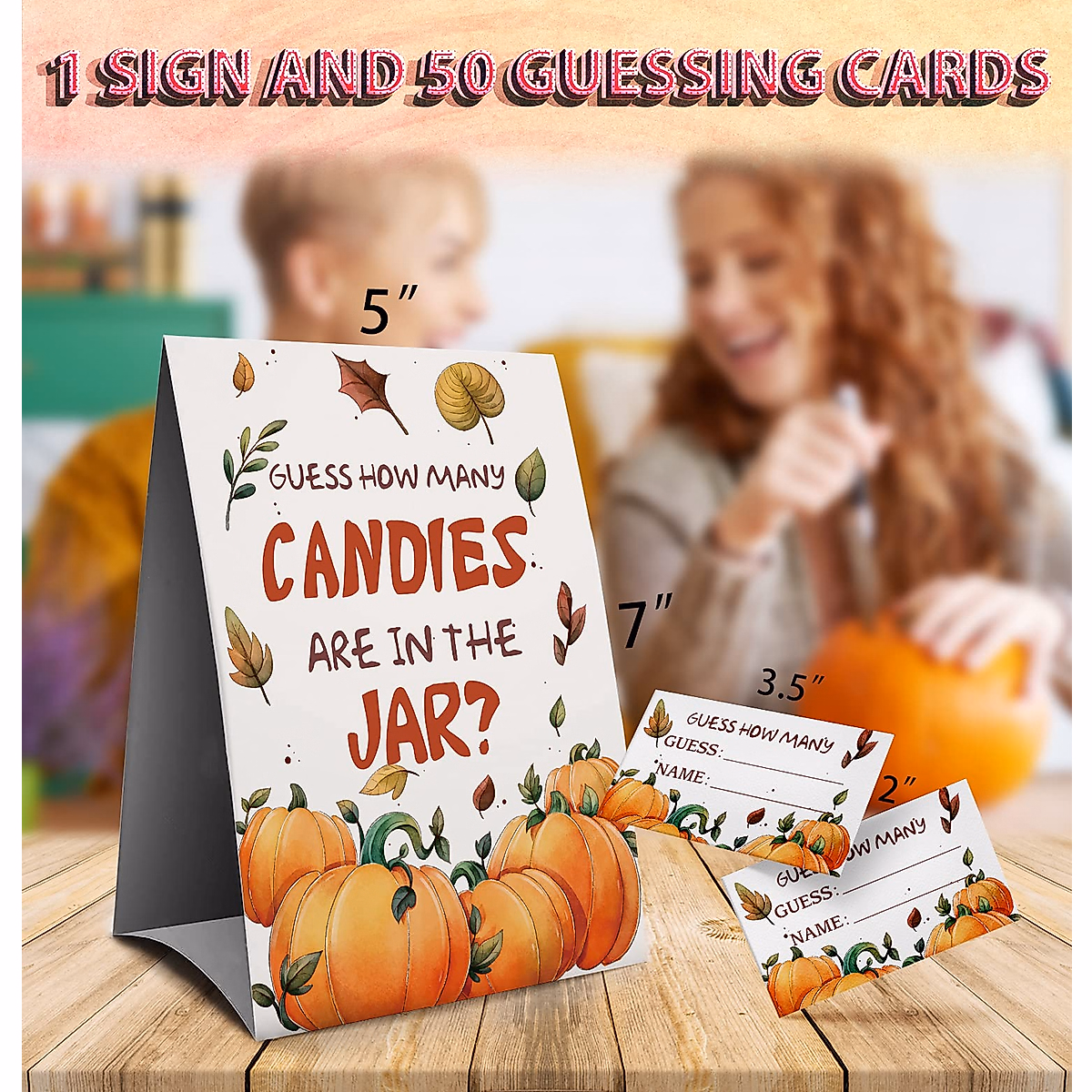 Pumpkin theme Party Games - Guess How Many Candies are in the Jar(Maple leaf), Baby Shower Game, Bridal Shower Games, Autumn Activities - 1 Sign and 50 Guessing Cards(18A)