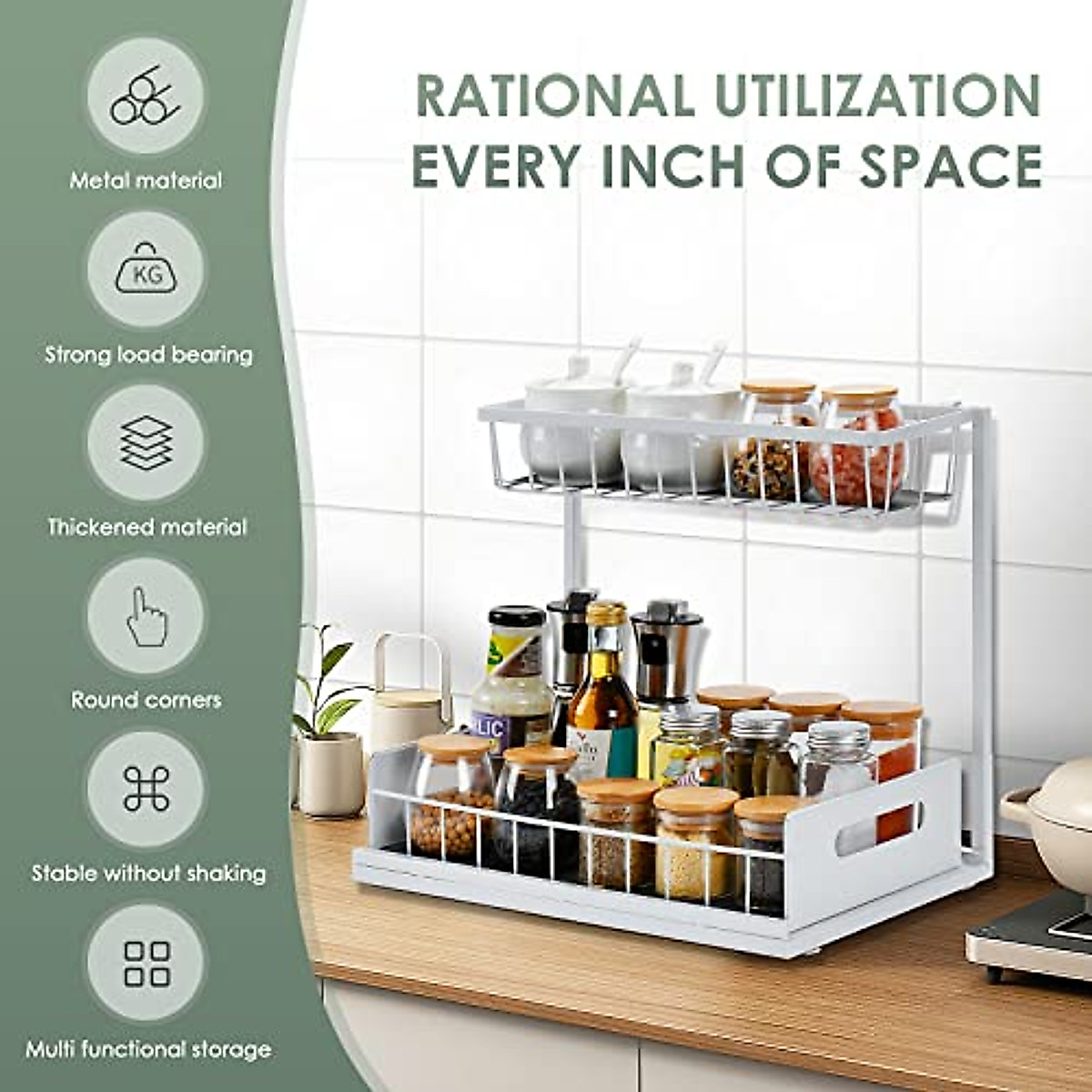 GZHDIAN Under Sink Organizer, 2-Tier Pull Under The Sink Storage Organizer, Sliding Organizer Under Sink, For Under Sink Kitchen Organizers and Storage - White