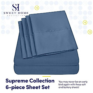 Sweet Home Collection 6 Piece 1500 Supreme Collection Brushed Microfiber Deep Pocket Sheet Set-2 Extra Pillow Cases, Great Value, Rv Short Queen, Denim