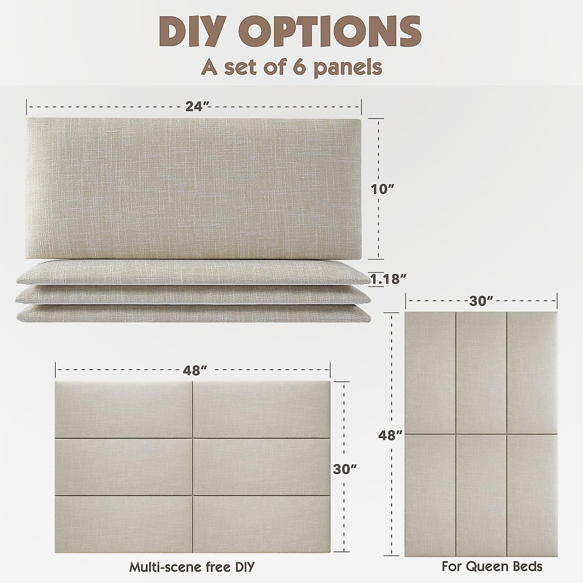 Upholstered Wall Mounted Headboard, 3D Wall Panels Peel and Stick Floating Headboard Full Size Headboard Only, Boho Dorm Tufted Bed Headboard in Beige (6 Panels, 10" x 24")