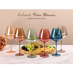 Physkoa Colored Wine Glasses Set 6-18oz HandBlown Multicolor Wine Glasses With Long Stem&Large Bowl,Stemmed Colorful Stemware,Mothers Day Gifts