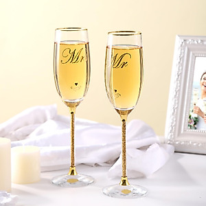 DUJUST Crystal Glass Wedding Champagne Flutes, Mr & Mrs Champagne Glasses with Handcrafted Gold Rim & 24K Gold Leaf Flakes, Square Bride and Groom Champagne Flutes, Valentine's Day Gift, Gift Package
