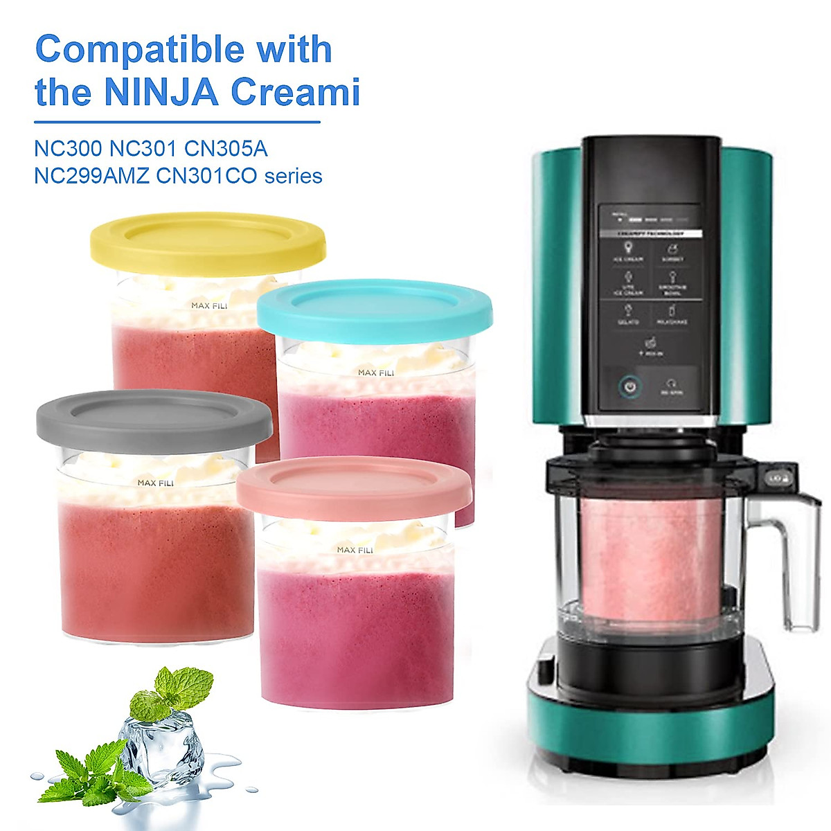 LUTER 4pcs Ice Cream Pint Containers, Containers Replacement for Ninja Creami Pints Ice Cream Containers with Lids for Omnikit with 4 Spoons Compatible with NC301 NC300 NC299AMZ Ice Cream Maker