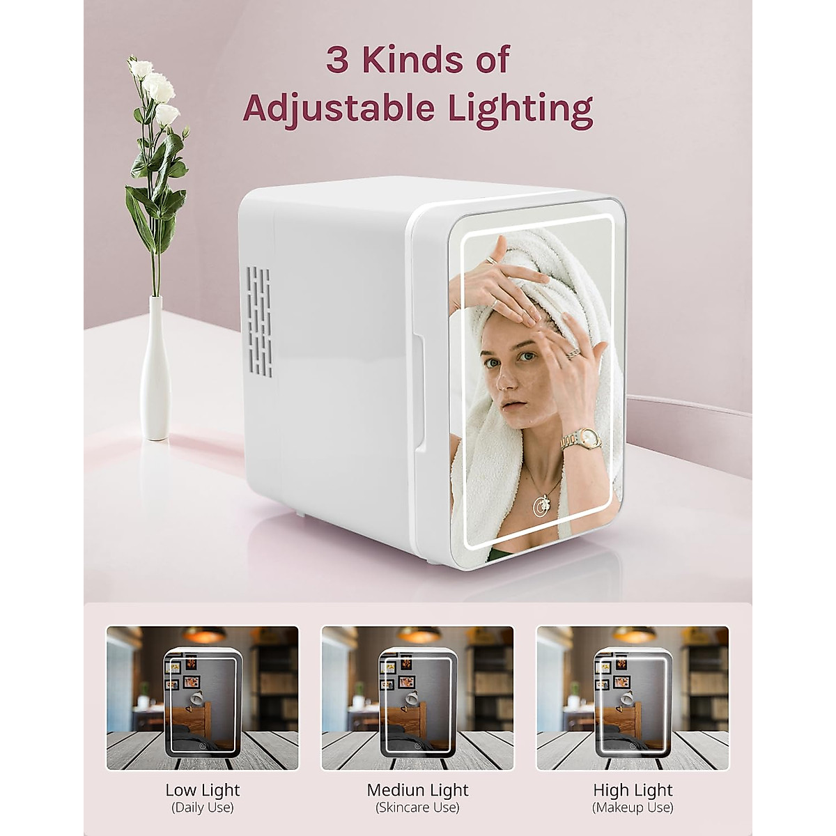 FETIONS Mini Skincare Fridge with Adjustable LED Make Up Mirror, Portable Refrigerator 4L/6 Can Cooler & Warmer, Compact for Skincare,Food and Drinks, Small Fridge for Bedroom,Dorm,Car,Office, White