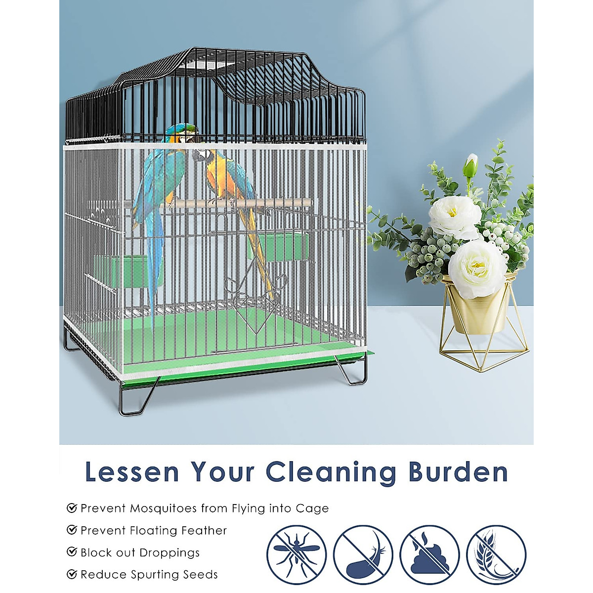 Bissap Bird Cage Seed Catcher, 59-90'' Universal Birdcage Net Nylon Adjustable Elastic Band Stretchy Skirts Mesh Cover for Parrot Cage Seed Guard (Not Include Birdcage)- White