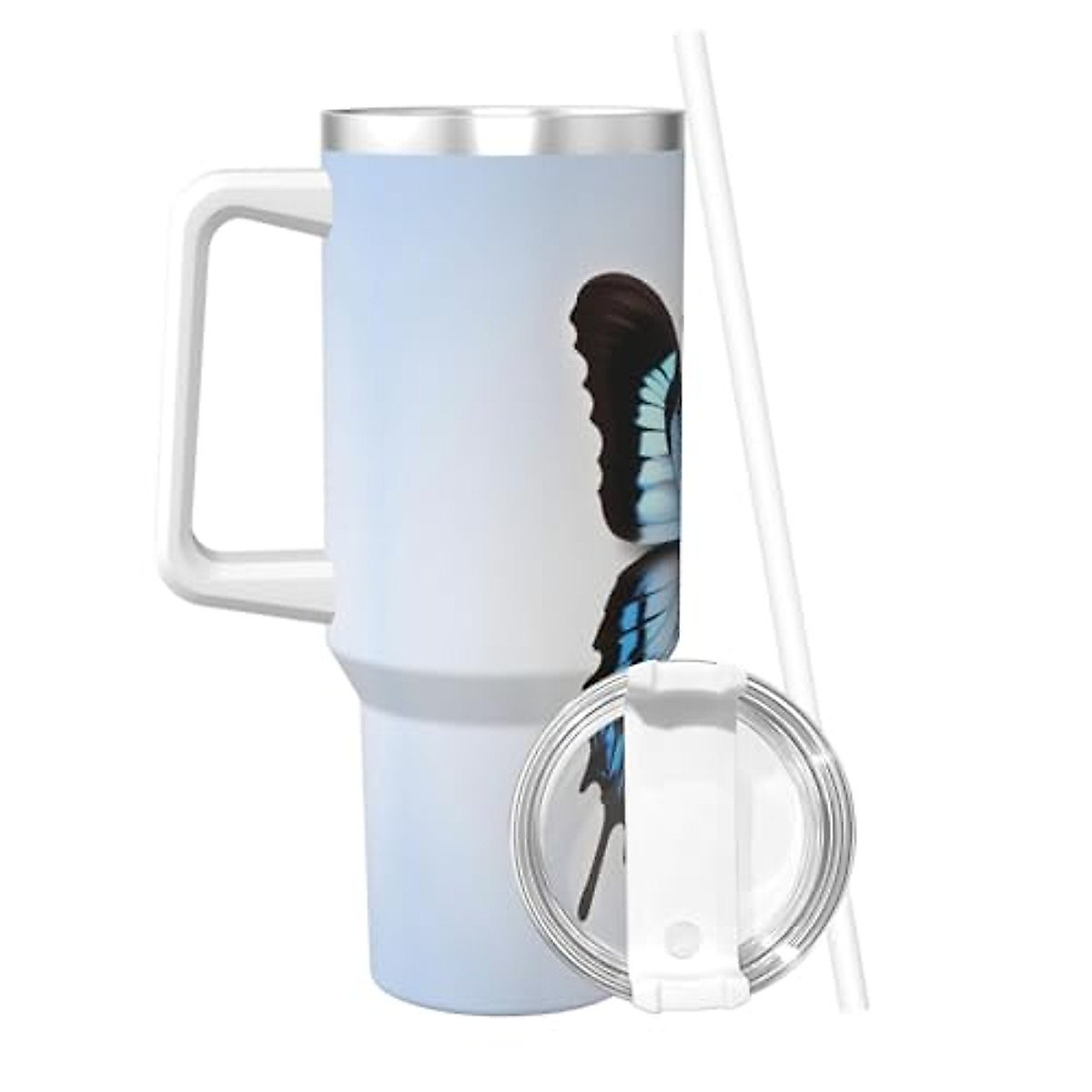 HULIBIN Blue Butterfly Print Double Deck Stainless Steel Travel Coffee Cup With Lid 40 Oz Ice Bully Cup