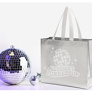 Pop Fizz Designs Last Disco Bachelorette Gift Bags (Set of 7) 70s Bachelorette Party Favors Bags I Let’s Get Funked Up Non-Woven Disco Tote Gift Bags I Iridescent Bridesmaid Bags