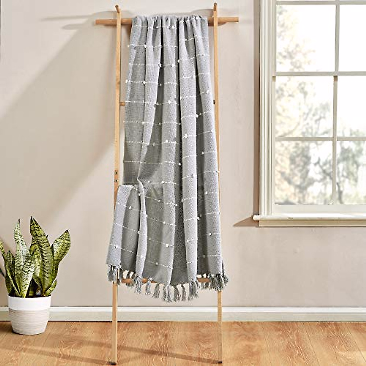 Lush Decor Boho Tufted Cotton Woven Tassel Fringe Throw Blanket, Light Gray