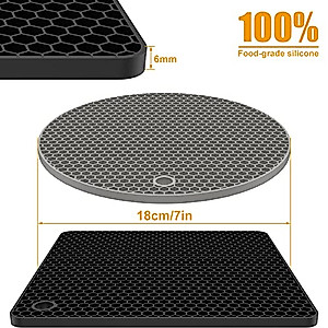 Y6S 4Pcs Silicone Trivet Mats Anti-Slip Square Round Hot Pads Heat-Resistant Hot Holders Spoon Dishes Rest Pad Easy to Wash and Dry BPA Free Dishwasher Safe for Kitchen Counter Y6S(Black and Gray)