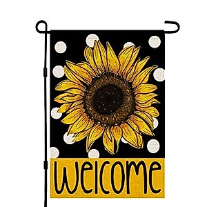 CROWNED BEAUTY Summer Garden Flag Sunflower 12x18 Inch Small Double Sided for Outside Black Polka Dots Welcome Yard Flag