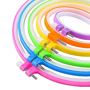 Caydo 6 Pieces Embroidery Hoops and 15 Needles, Plastic Circle Cross Stitch Hoop Ring Embroidery Circle Set, 3.4 inch to 10.4 inch (Multicolor)