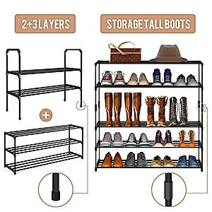 CazyHome 5 Tiers Shoe Rack, Stackable Metal Large Shoe Organizer, Easy Installation Detachable, 20 to 25 Pairs Shoes, Storage Shoe Shelf for Bedroom, Closet, Entryway, Black