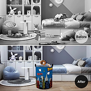 Clastyle 45L Large Blue City Hero Skyline Kid Laundry Hamper with Handle Comic Hero Building Silhouettes Clothes Toy Boys Basket with Lid for Nursery