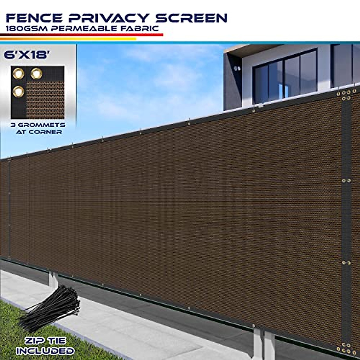 Windscreen4less Fence Privacy Screen 6' x 18', Brown, Heavy Duty Privacy Fencing, Commercial Grade 180 GSM, 95% Privacy Blockage, Mesh Fabric with Brass Gromment - Customized