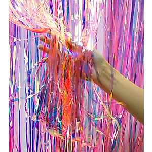 Sharonlily Gorgeous Iridescent Pink Foil Fringe Curtain-2 Pack 3.2x8.2 Feet Premium Neon Metallic Streamers Photo Booth Backdrop for Birthday Bachelorette Graduation Party Decorations (Pink-Orange)