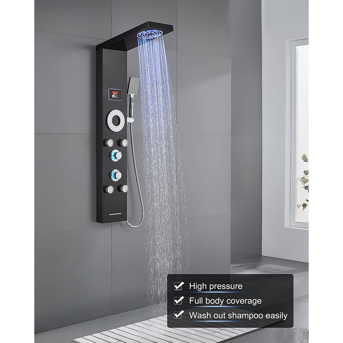ROVOGO No Battery Needed Shower Panel System with Led Lights, MIST & RAIN Shower, 5 Body Jets, Handheld, Tub Spout and Temperature Display, Water Powered Led Shower Tower Column Stainless Steel, Black