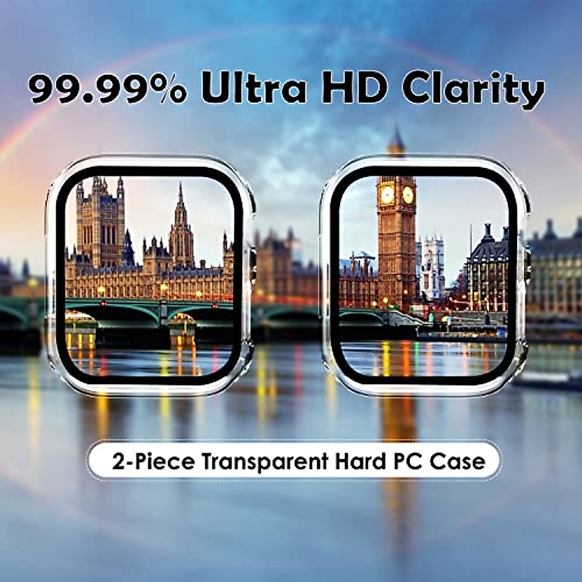 QHOHQ 2 Pack Hard PC Case Suitable for Apple Watch Series 8 45mm & Series 7 45mm with Tempered Glass Screen Protector, Full Coverage, Touch Sensitive, Ultra-Thin HD Bumper Protective Cover - Clear