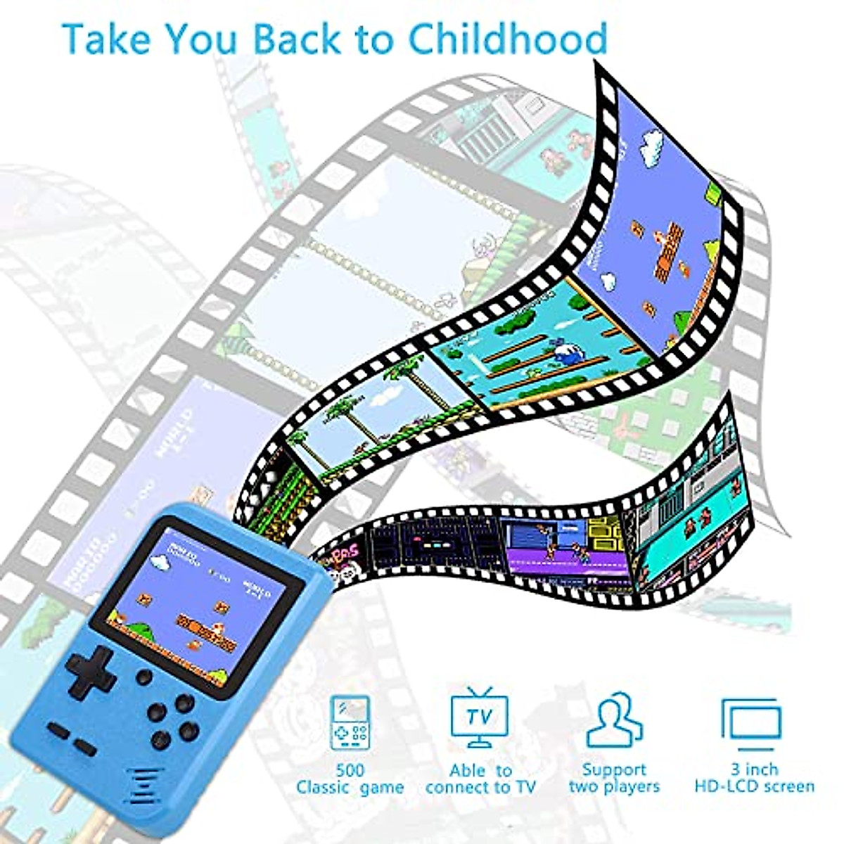 Tlsdosp Handheld Game Console, Portable Retro Video Game Console 500 Classic FC Games, Large Battery Capacity of 1020mAh, Support Rechargeable and Connect to TV for Two People to Play Together (Blue)