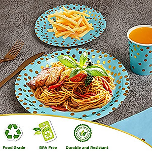 210 Piece Golden Dot Dinnerware Set 30 Guest - 60 Blue Paper Plates,30 Gold Plastic Silverware,30 Paper Cups,30 Paper Napkins, FOCUSLINE Disposable Party Dinnerware for Graduation Birthday Wedding
